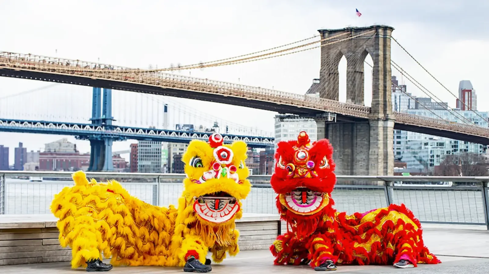 Traditional Chinese lion dancers in vibrant red and yellow costumes perform in front of the Brooklyn Bridge in New York City.
